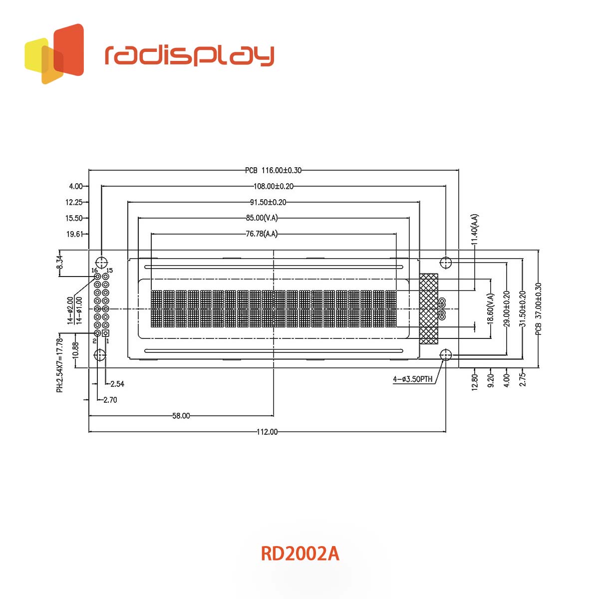 20x2 LCD Display Module (RD2002A), 2002 Character (Alphanumeric) Display – Radiant Electronics ...